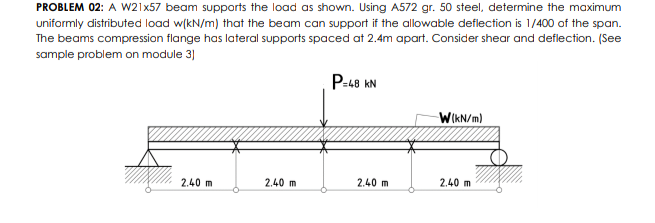 Solved PROBLEM 02: A W21x57 beam supports the load as shown. | Chegg.com
