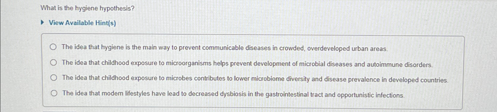 Solved What is the hygiene hypothesis?View Available | Chegg.com