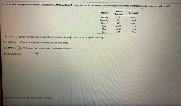 Solved Consider the following forecast results. Calculate | Chegg.com