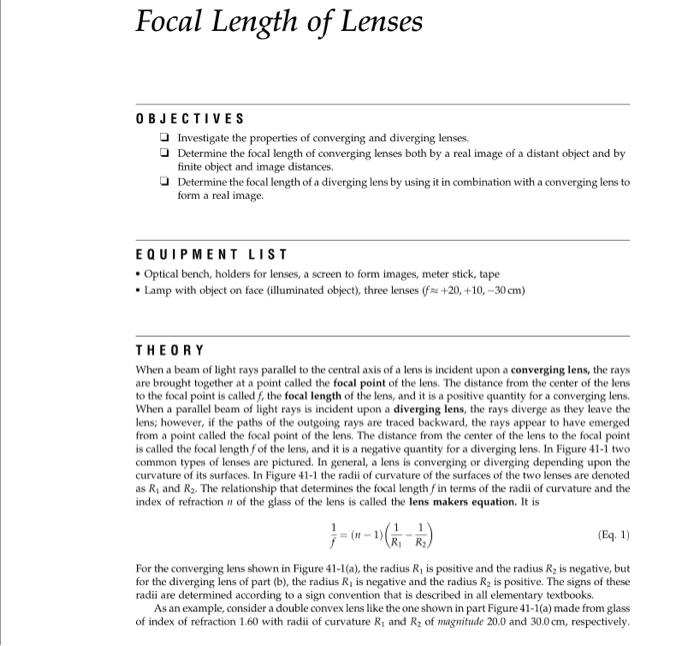 Solved Focal Length of Lenses OBJECTIVES Investigate the | Chegg.com