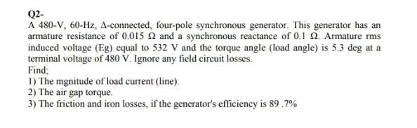 Solved Q2- A 480-V, 60-Hz, A-connected, four-pole | Chegg.com