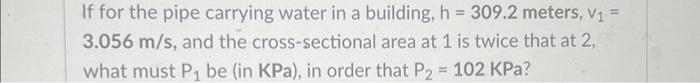 Solved If for the pipe carrying water in a building, h=309.2 | Chegg.com
