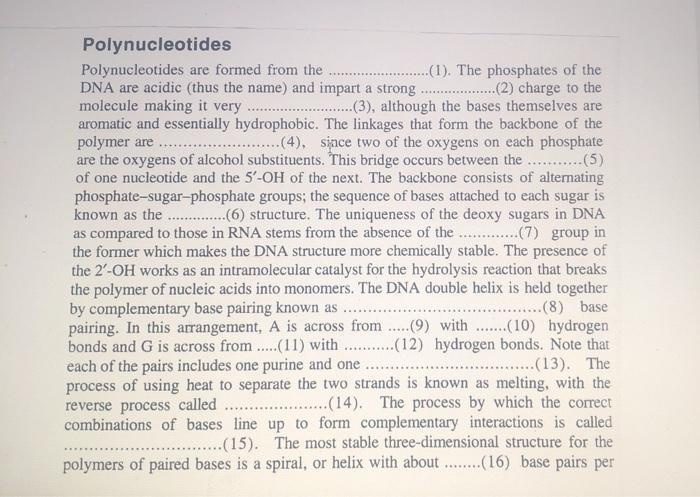 Solved Polynucleotides Polynucleotides are formed from the | Chegg.com
