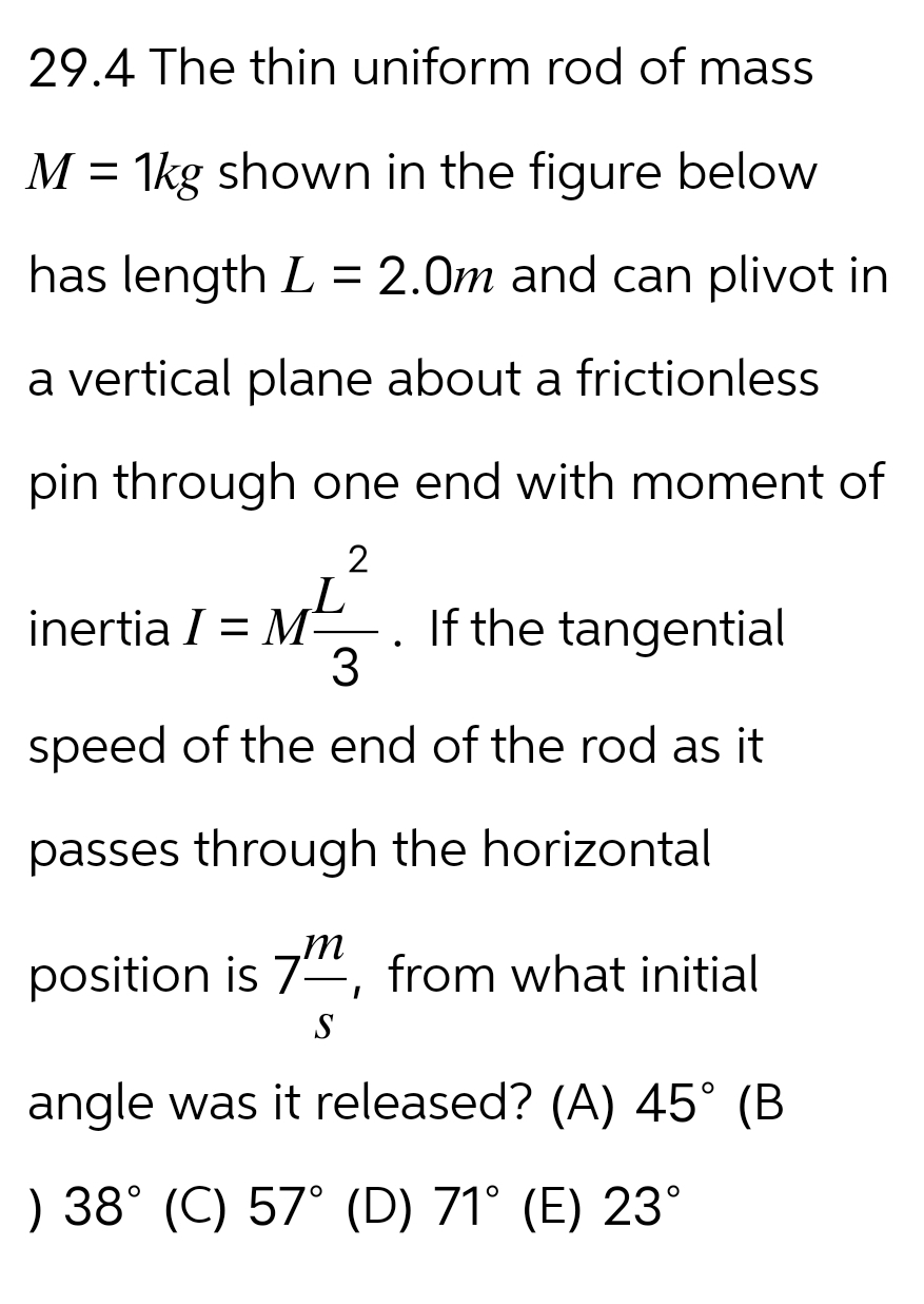 Solved 29.4 ﻿The thin uniform rod of massM=1kg ﻿shown in the | Chegg.com