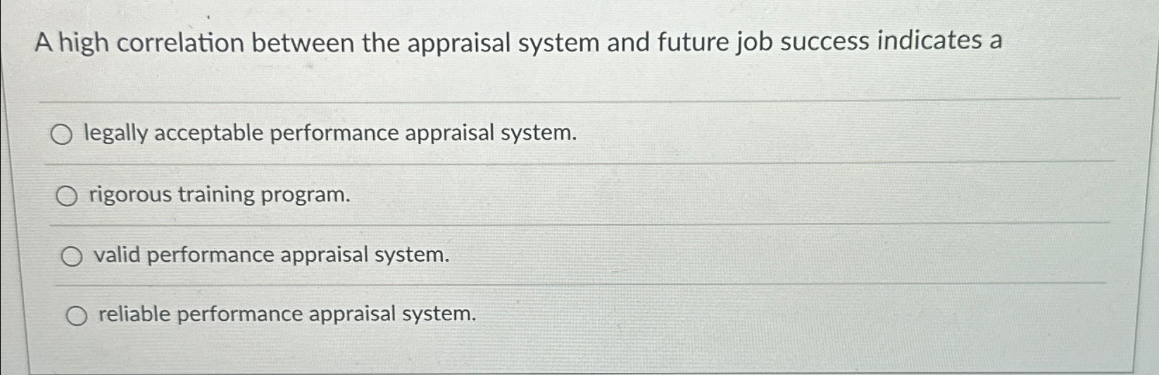 Solved A high correlation between the appraisal system and | Chegg.com
