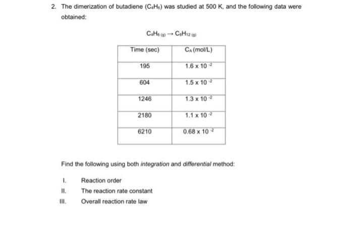 Solved 2. The dimerization of butadiene (CH) was studied at | Chegg.com