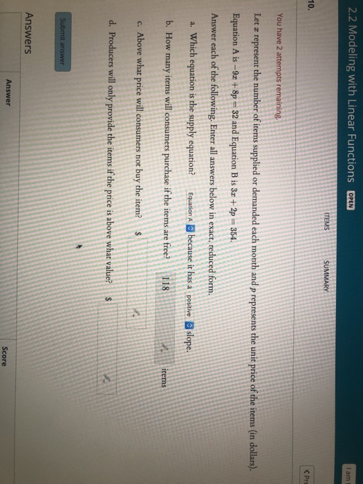 Solved 2.2 Modeling with Linear Functions OPEN I am ITEMS | Chegg.com
