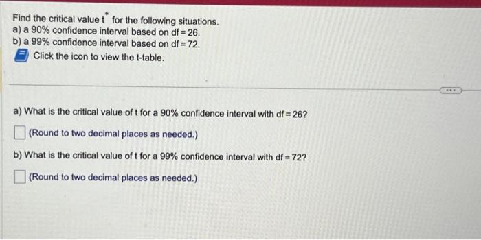 Solved Find the critical value t for the following | Chegg.com
