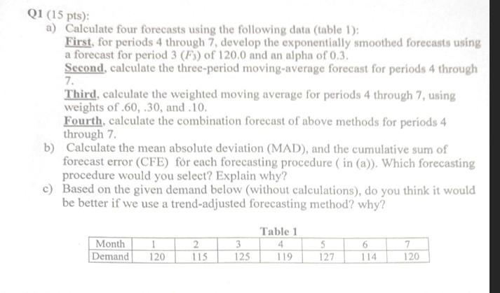 Solved 7. QI (15 pts): a) Calculate four forecasts using the | Chegg.com