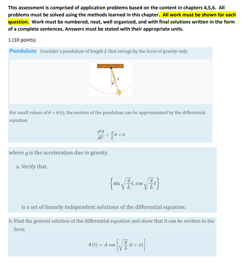 Solved 1.(10 ﻿points)Pendulum Consider a pendulum of length | Chegg.com