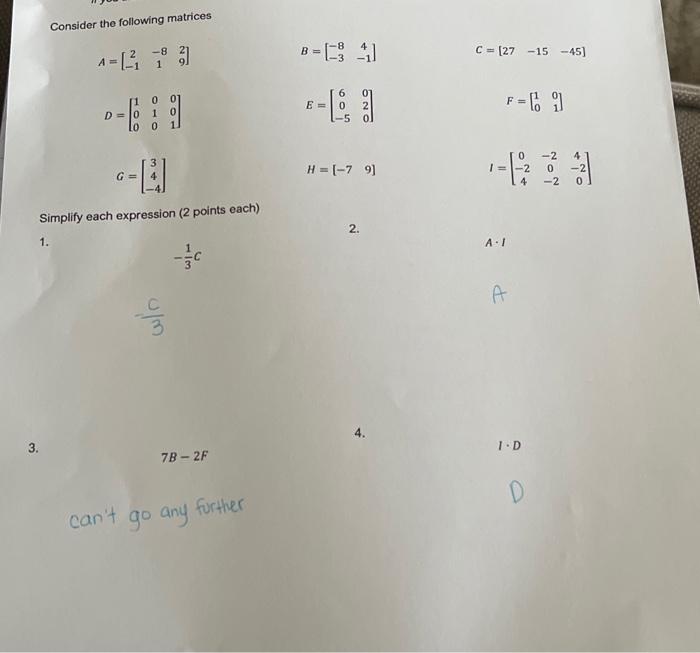 Consider the following matrices | Chegg.com