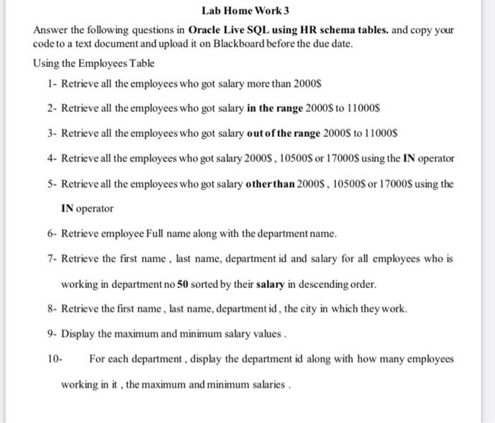 Solved Answer the following questions in Oracle Live SQL | Chegg.com