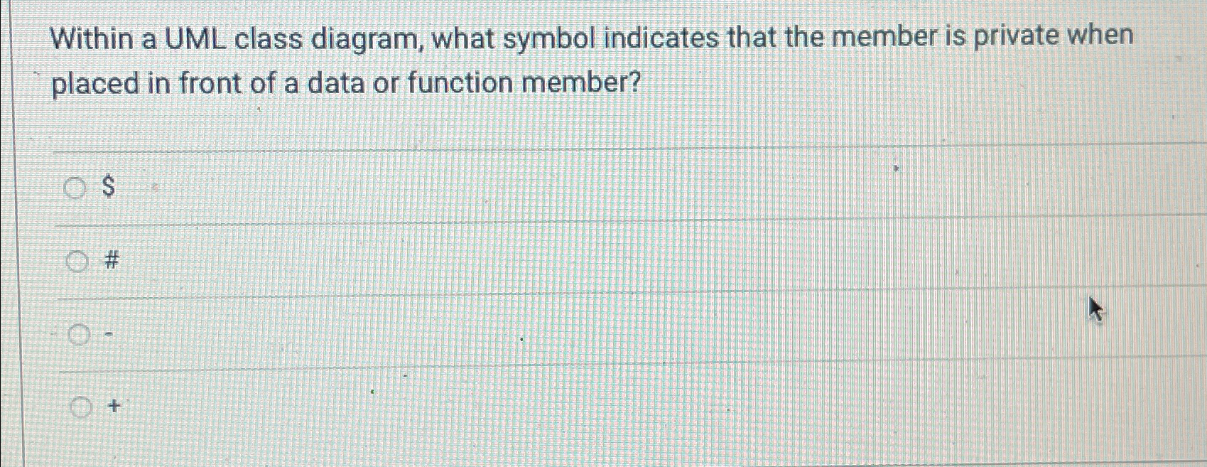 Solved Within a UML class diagram, what symbol indicates | Chegg.com