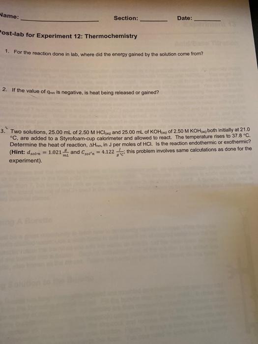 Solved Name: Section: Date: Post-lab for Experiment 12: | Chegg.com