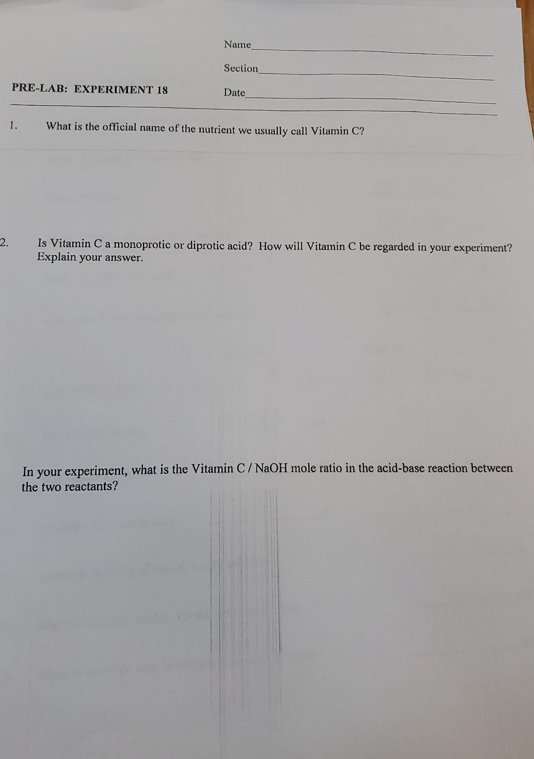 Solved Name Section PRE-LAB: EXPERIMENT 18 Date 1. What is | Chegg.com