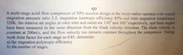 Solved 03 A multi-stage axial flow compressor of 50% | Chegg.com