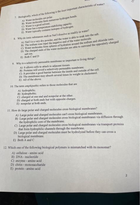 Solved 7. Biologically, which of the following is the least | Chegg.com