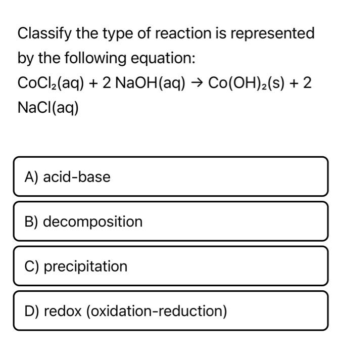 Solved Classify the type of reaction is represented by the | Chegg.com