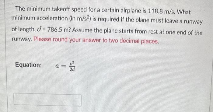 Solved The minimum takeoff speed for a certain airplane is | Chegg.com