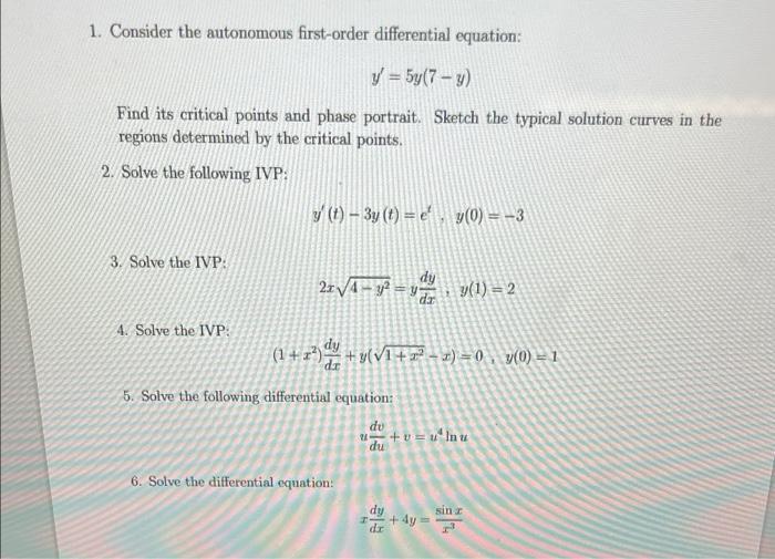Solved 1. Consider the autonomous first-order differential | Chegg.com