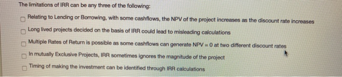 Solved The limitations of IRR can be any three of the | Chegg.com