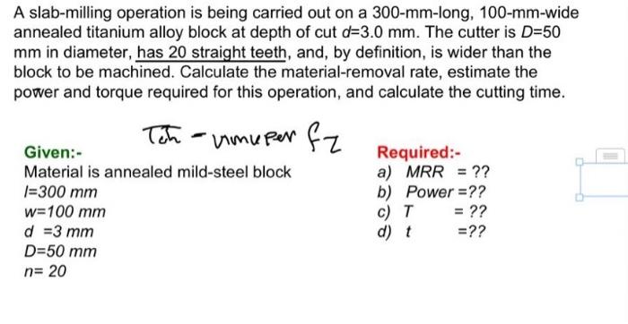 Solved A slab-milling operation is being carried out on a | Chegg.com
