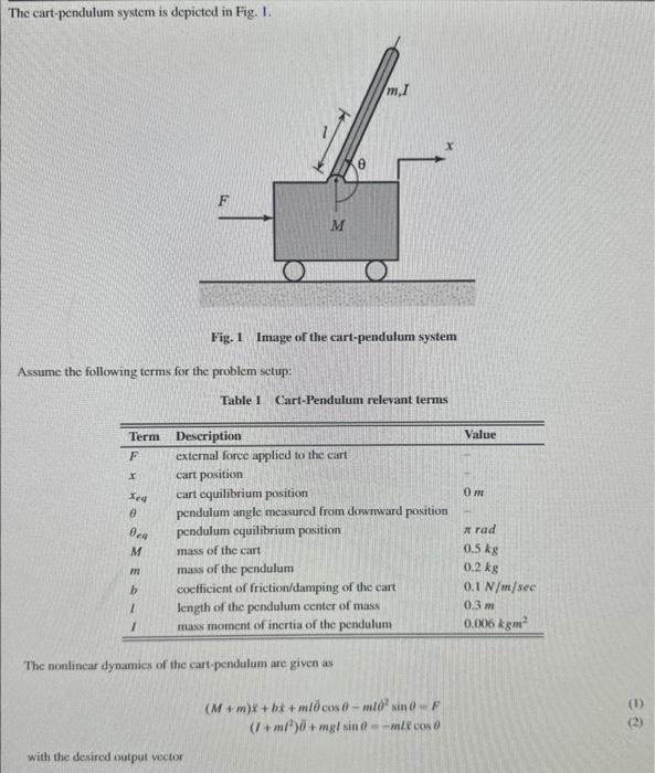 Solved The cart-pendulum system is depicted in Fig. 1. Fig. | Chegg.com