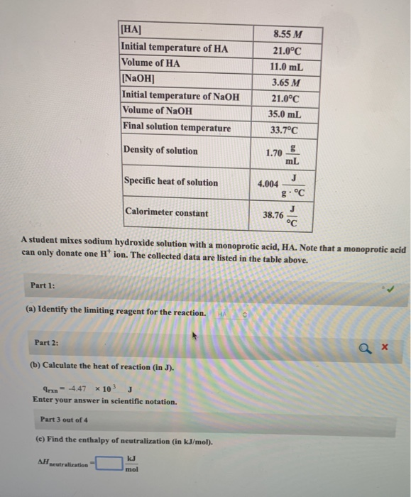 Solved [HA] Initial temperature of HA Volume of HA [NaOH] | Chegg.com
