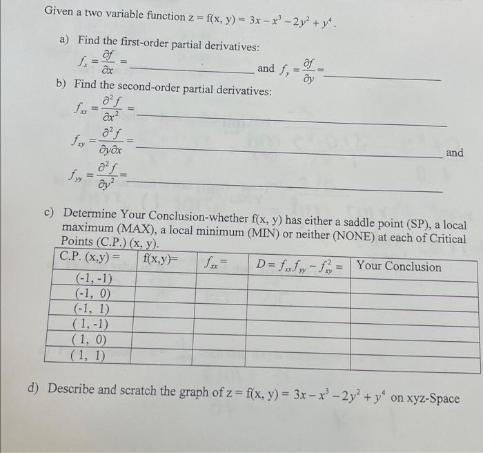 Solved Given a two variable function z=f(x,y)=3x−x3−2y2+y4. | Chegg.com
