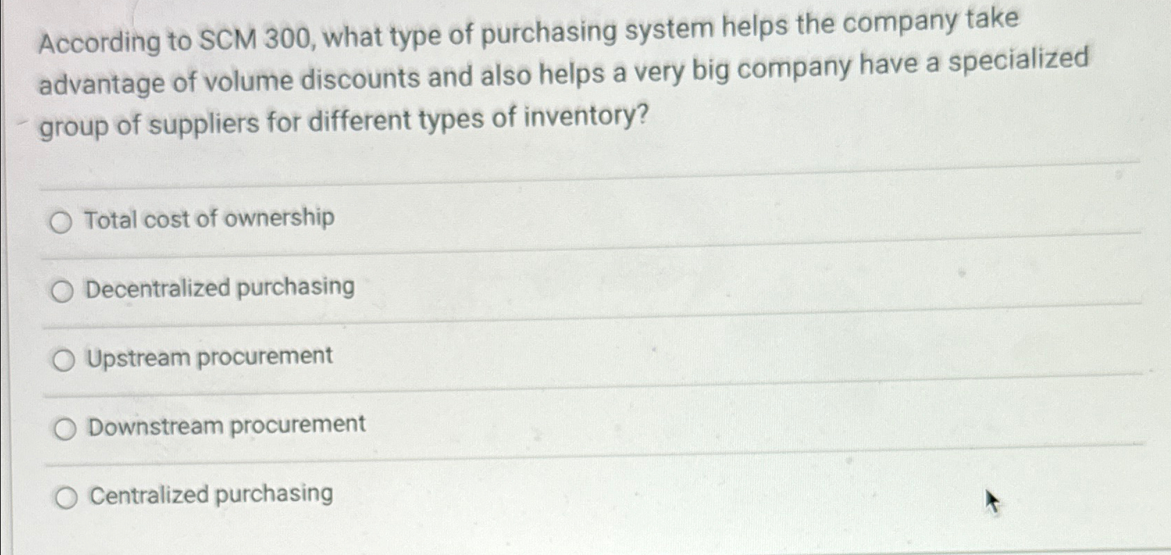 Solved According to SCM 300 , ﻿what type of purchasing | Chegg.com