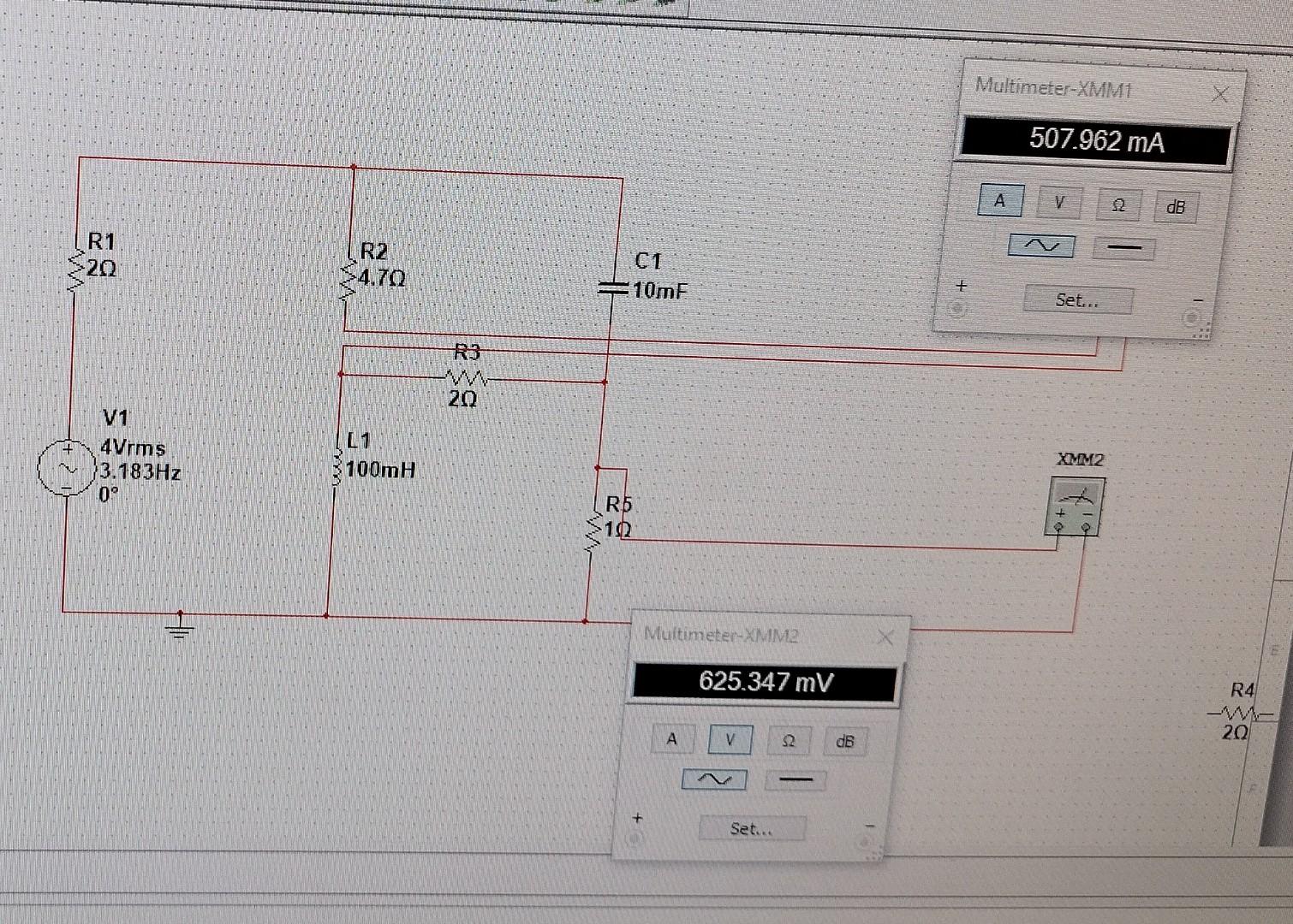 Solved Multimeter-XMMI 507.962 mA А V 2 dB R1 20 -4.70 C1 | Chegg.com