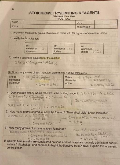 Solved STOICHIOMETRY/LIMITING REAGENTS CHM 1045LHM1046L 1. A | Chegg.com