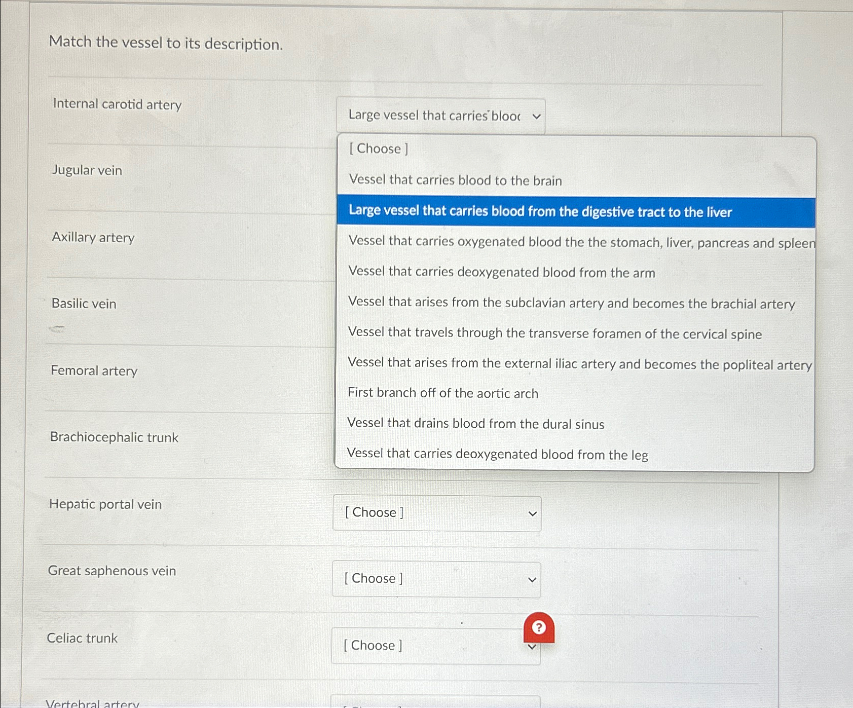 Solved Match the vessel to its description.\table[[Internal | Chegg.com