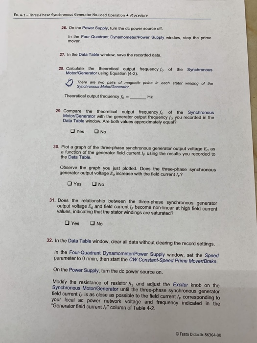 Ex. 4-1 - Three-Phase Synchronous Generator No-Load | Chegg.com
