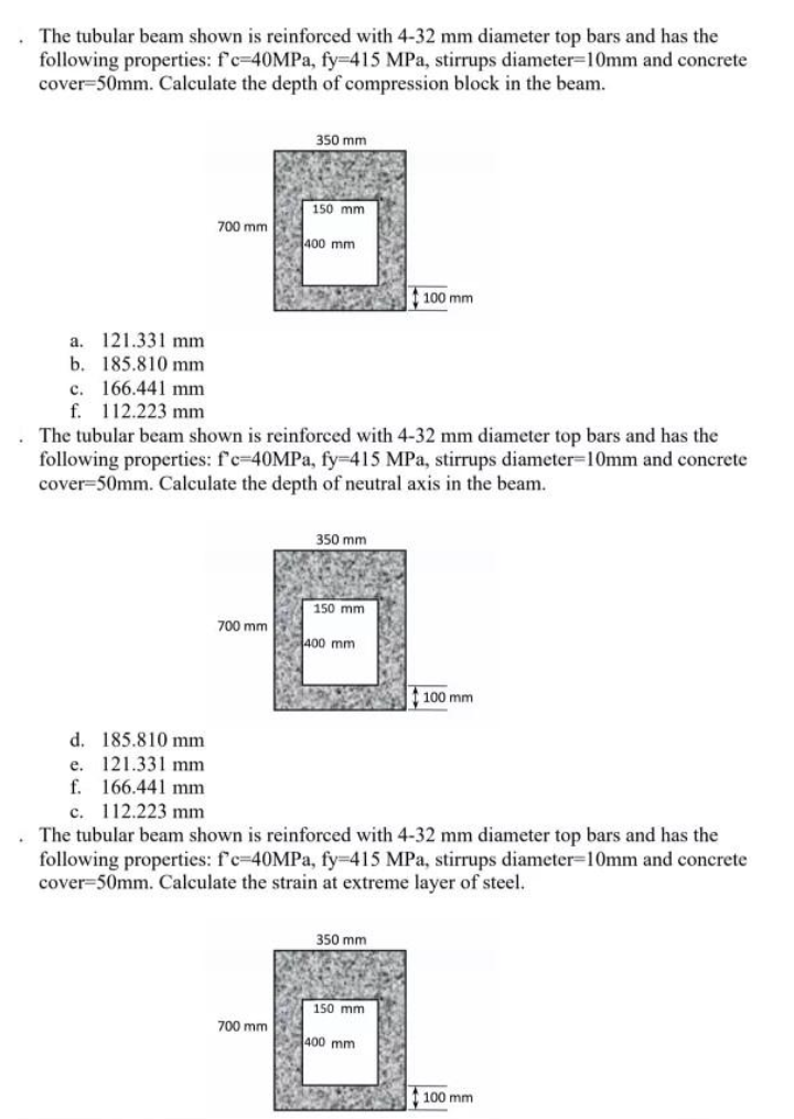 Solved The tubular beam shown is reinforced with 4-32 mm | Chegg.com