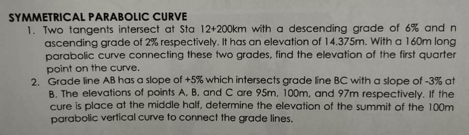 Solved SYMMETRICAL PARABOLIC CURVE 1. Two tangents intersect | Chegg.com