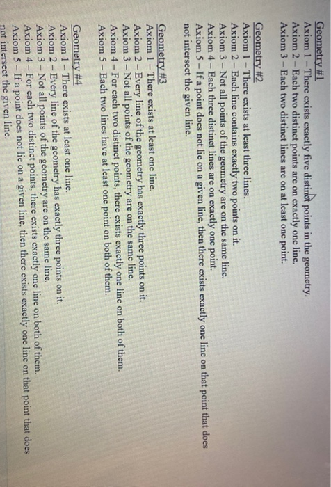 Solved Geometry #1 Axiom 1 - There exists exactly five | Chegg.com