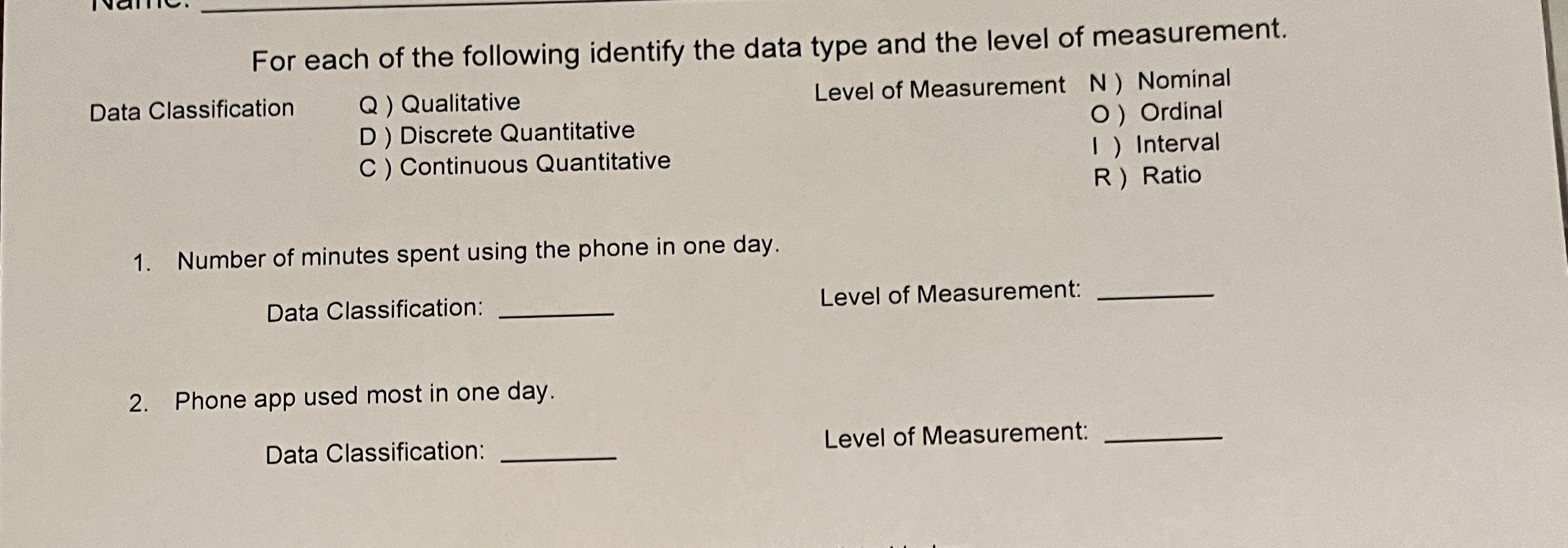 Solved For each of the following identify the data type and | Chegg.com
