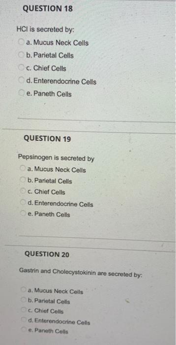 Solved QUESTION 18 HCl is secreted by: a. Mucus Neck Cells | Chegg.com