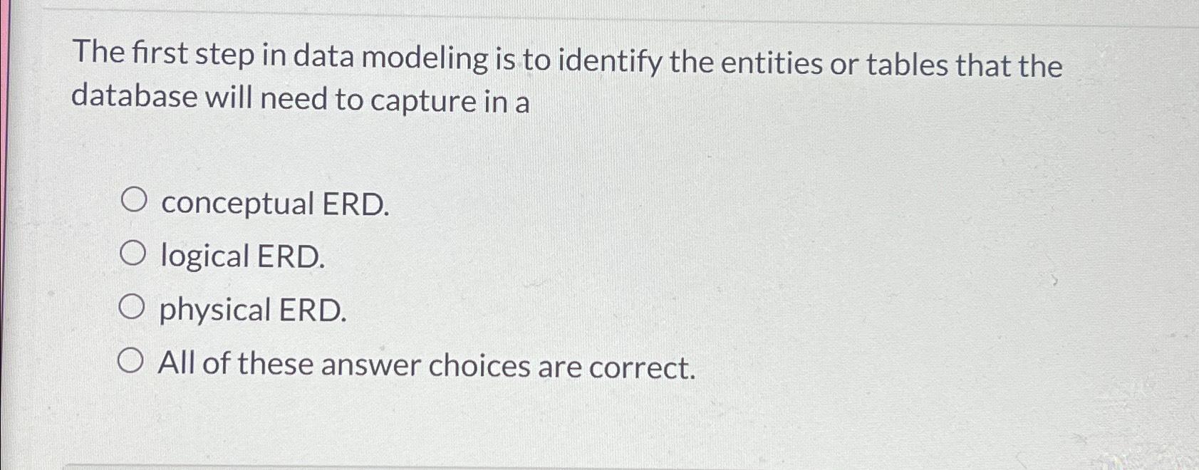 Solved The first step in data modeling is to identify the | Chegg.com