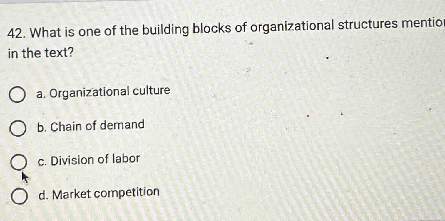 Solved What is one of the building blocks of organizational | Chegg.com