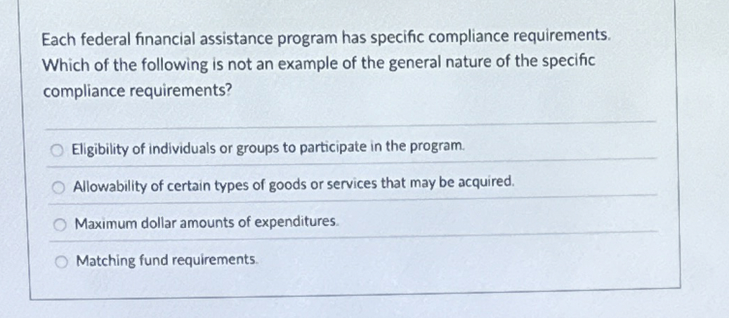 Solved Each federal financial assistance program has | Chegg.com