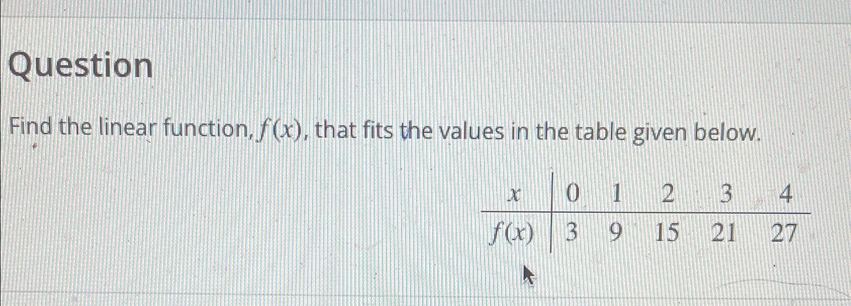 Solved QuestionFind the linear function, f(x), ﻿that fits | Chegg.com