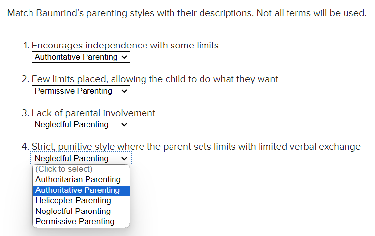 Solved Match Baumrind's parenting styles with their | Chegg.com