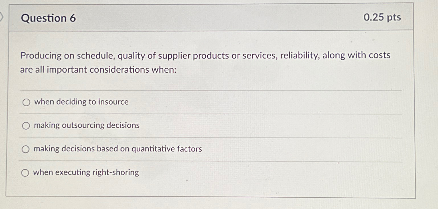 Solved Question 60.25ptsProducing on schedule, quality of | Chegg.com