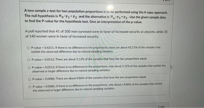 Solved A two-sample z-test for two population proportions is | Chegg.com