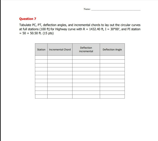 Solved Name: Question 7 Tabulate PC, PT, deflection angles, | Chegg.com