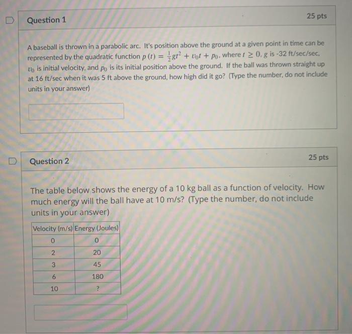 Solved 25 pts Question 1 A baseball is thrown in a parabolic | Chegg.com