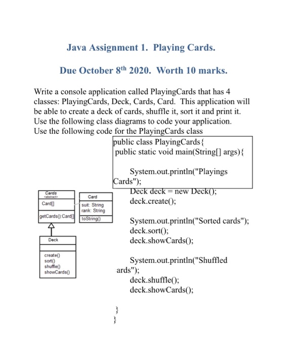 Java Assignment 1. Playing Cards. Due October 8th | Chegg.com