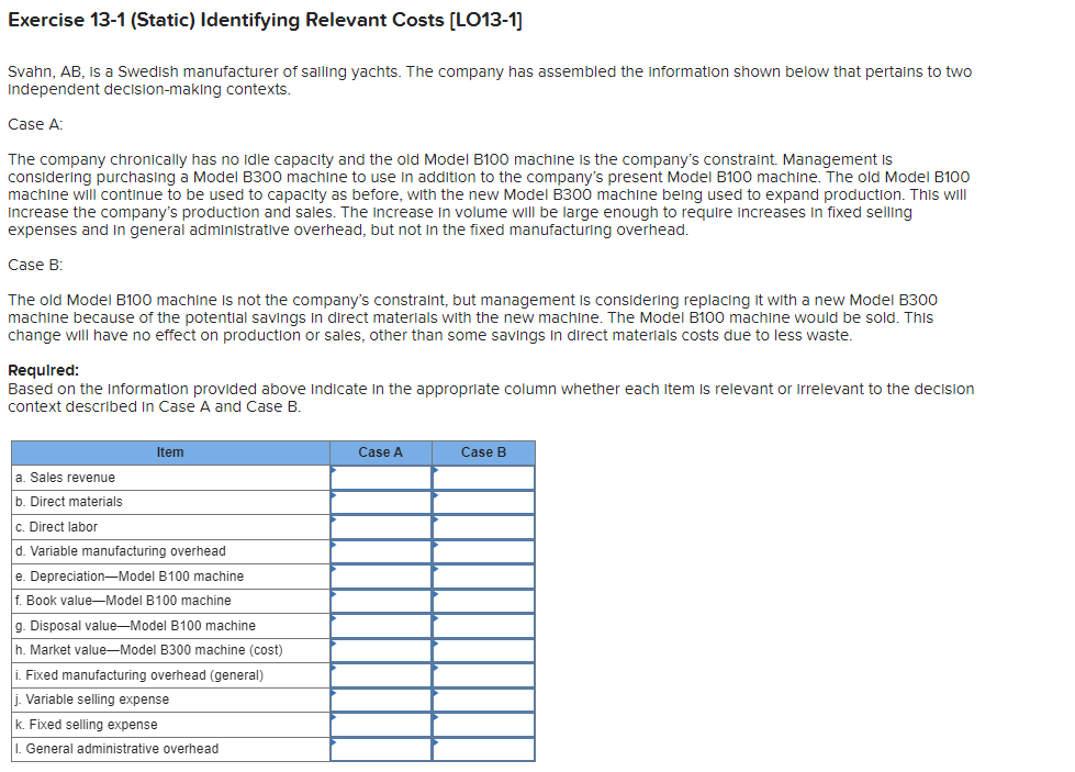 Solved Exercise 13-1 (Static) ﻿Identifying Relevant Costs | Chegg.com